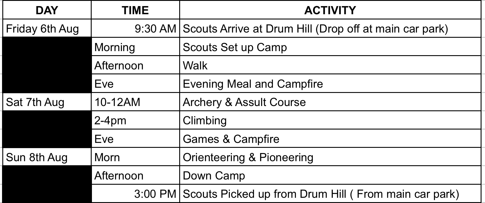 Summer Camp program Update – 161st Hilton Scouts